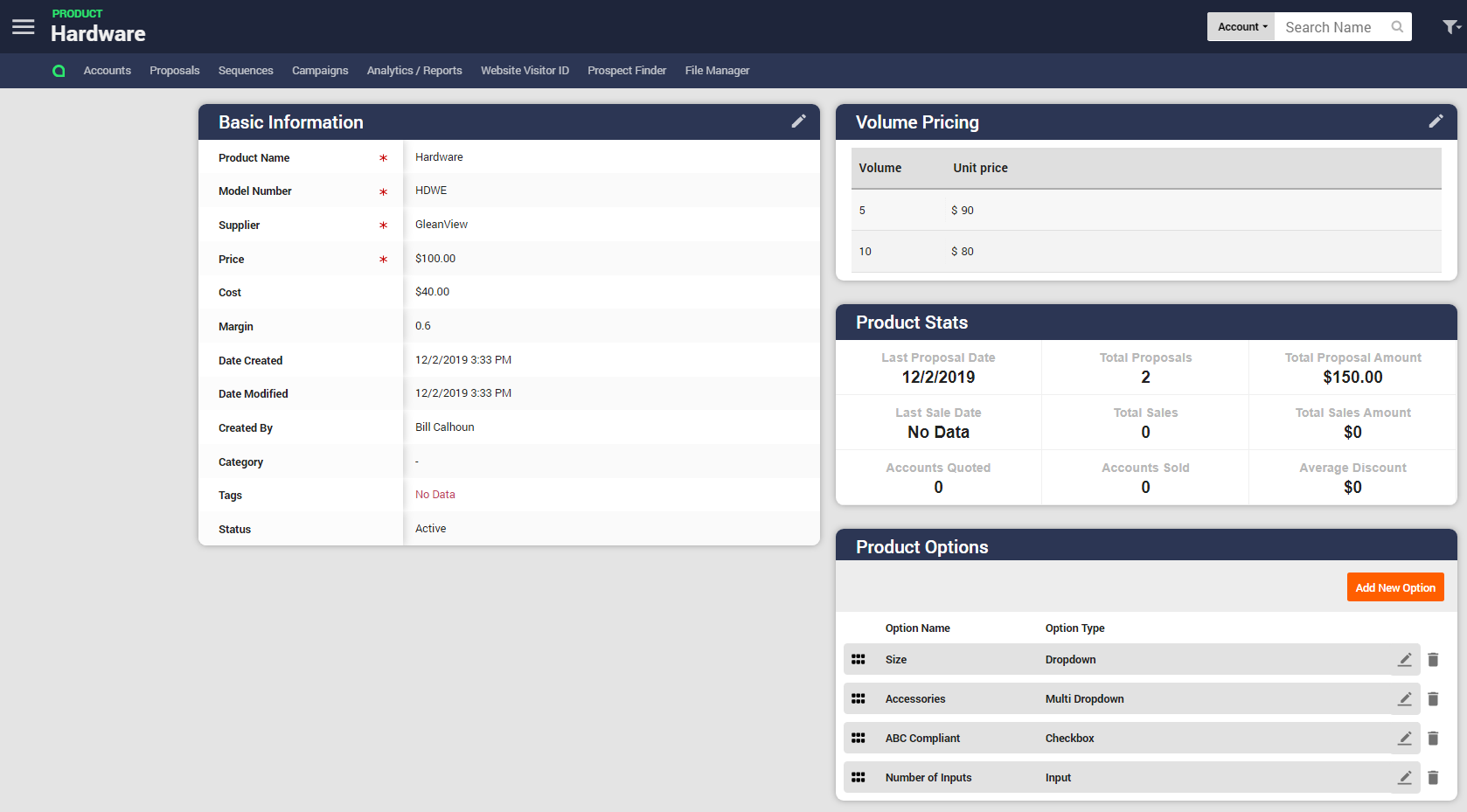 Product Options – GleanQuote